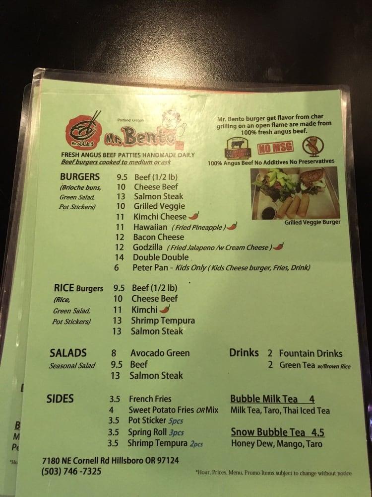 Menu at Mr. Bento Burger restaurant, Hillsboro, NE Cornell Rd