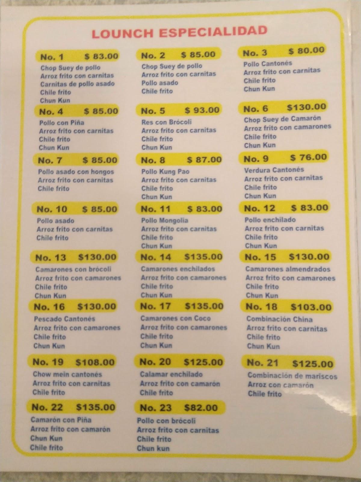 Menu at RESTAURANT YONG LI, Tijuana