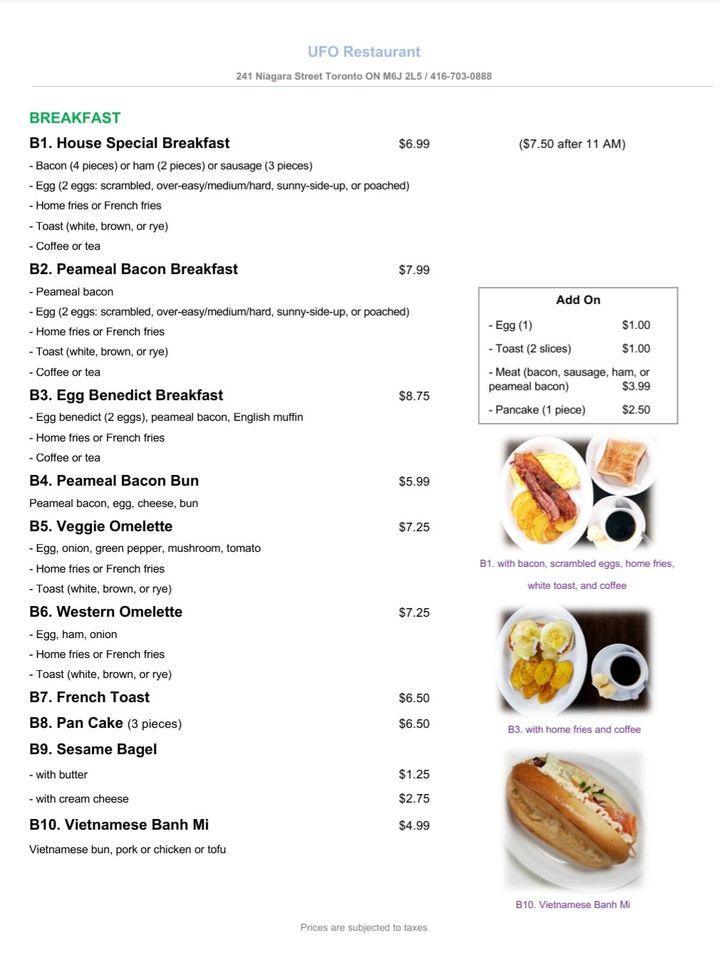 Menu at UFO Restaurant, Toronto