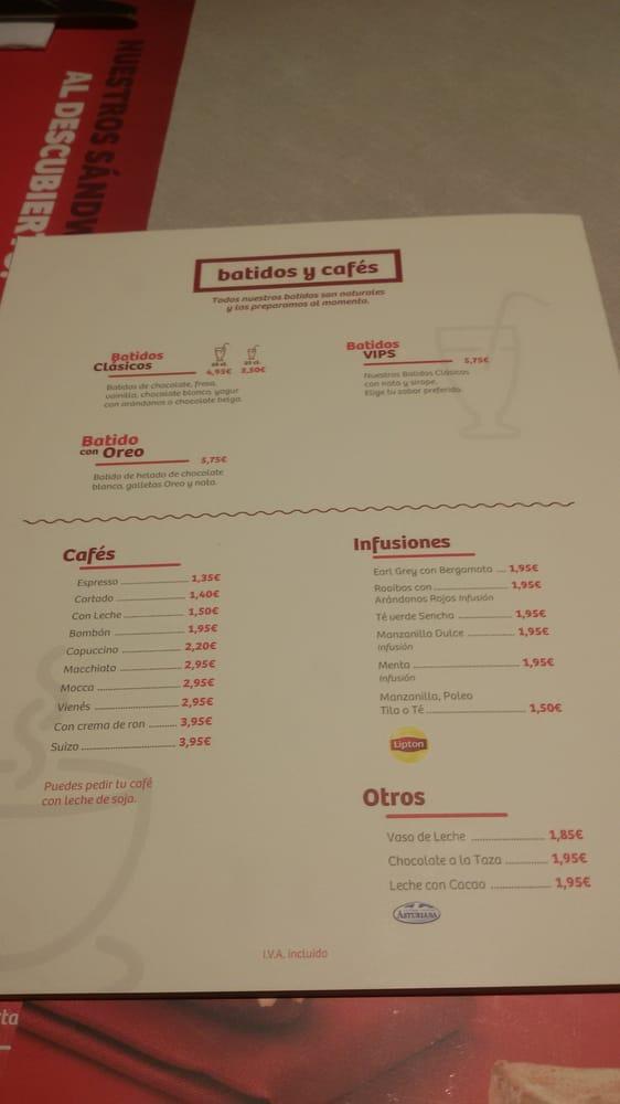 Carta de cafetería VIPS, Sevilla, Avenida República Argentina