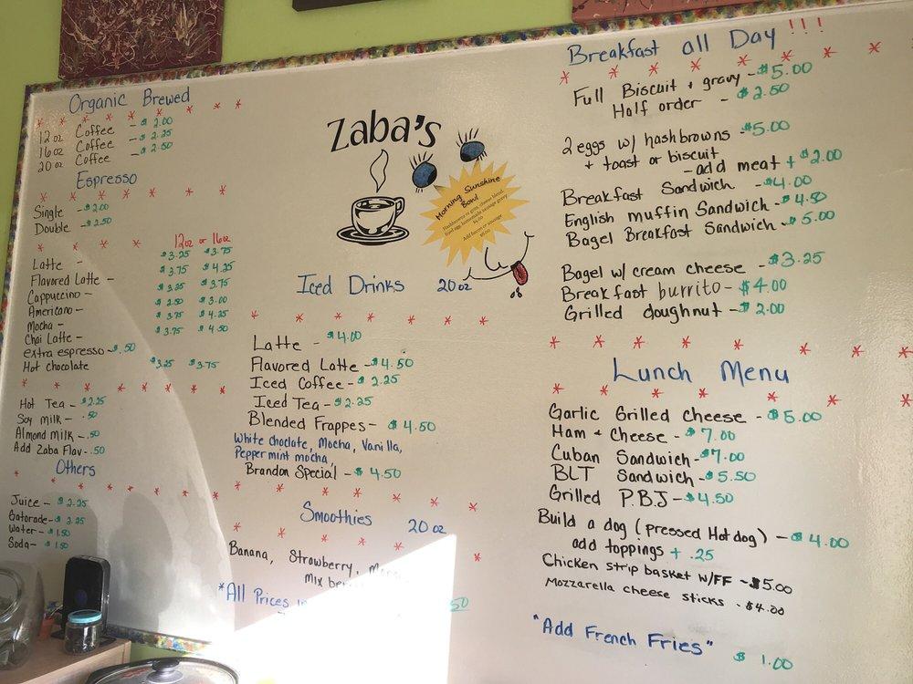 Menu at Zaba's restaurant, Saint Augustine Beach