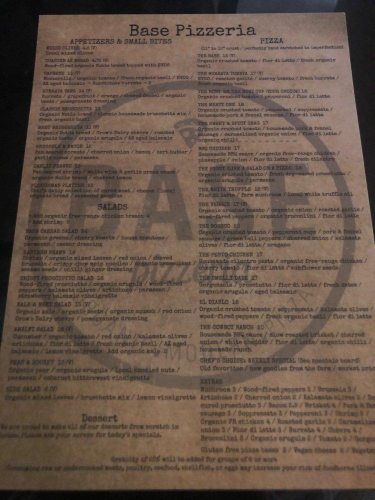 Menu at Base Pizzeria, Phoenix