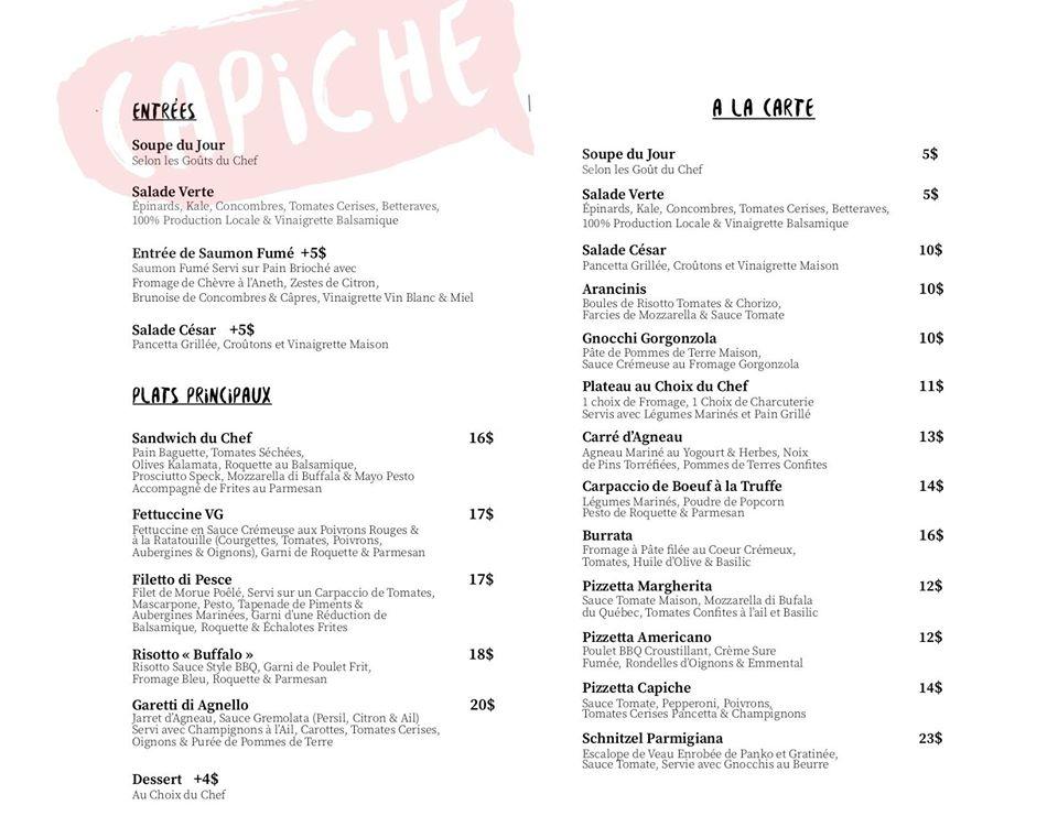 Menu at Restaurant Capiche, Drummondville
