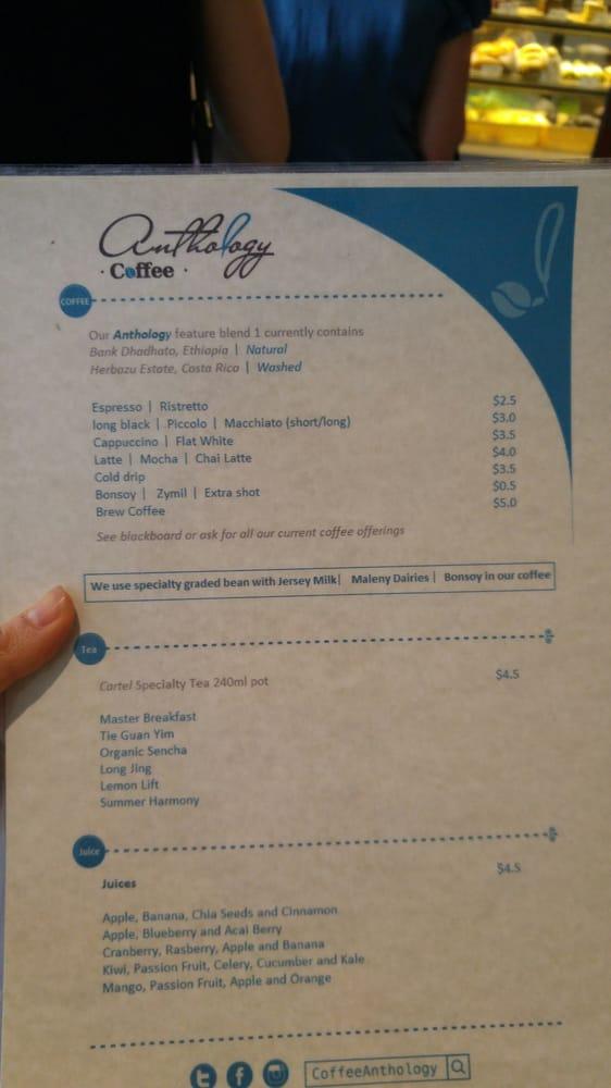 Menu at Coffee Anthology cafe, Brisbane City, 155 Charlotte St