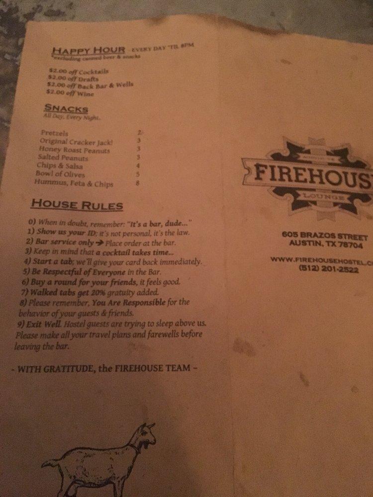 Menu at Firehouse Lounge pub & bar, Austin, 605 Brazos St