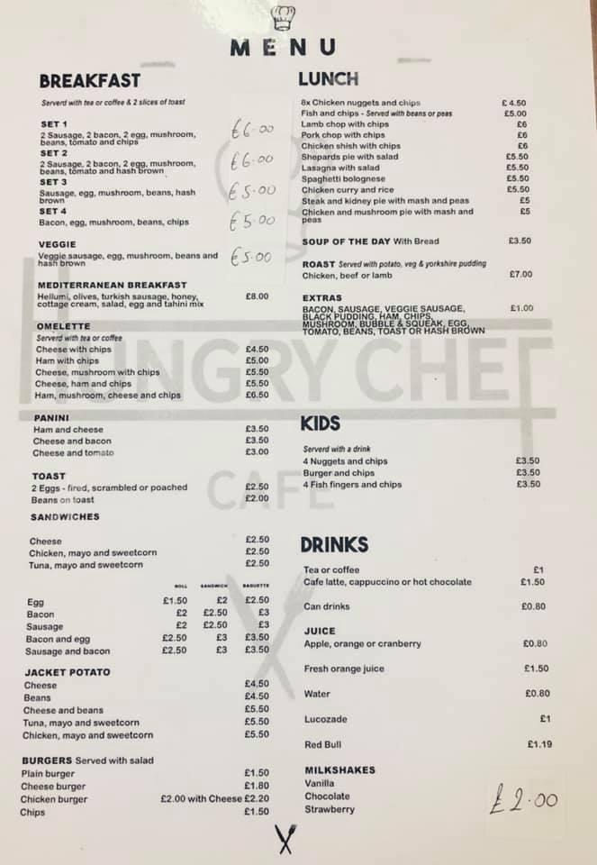 Menu at Hungry Chef Cafe, Stevenage
