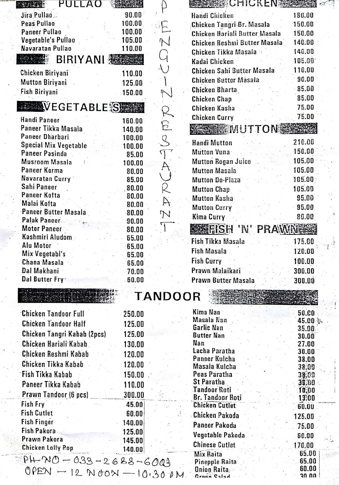 Menu at Penguin Restaurant, Howrah, Danesh Sk Lane