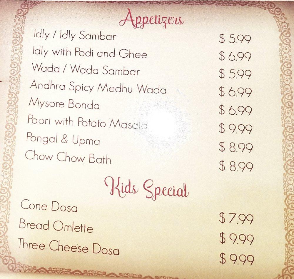 Menu at Podi dosa restaurant, Artesia