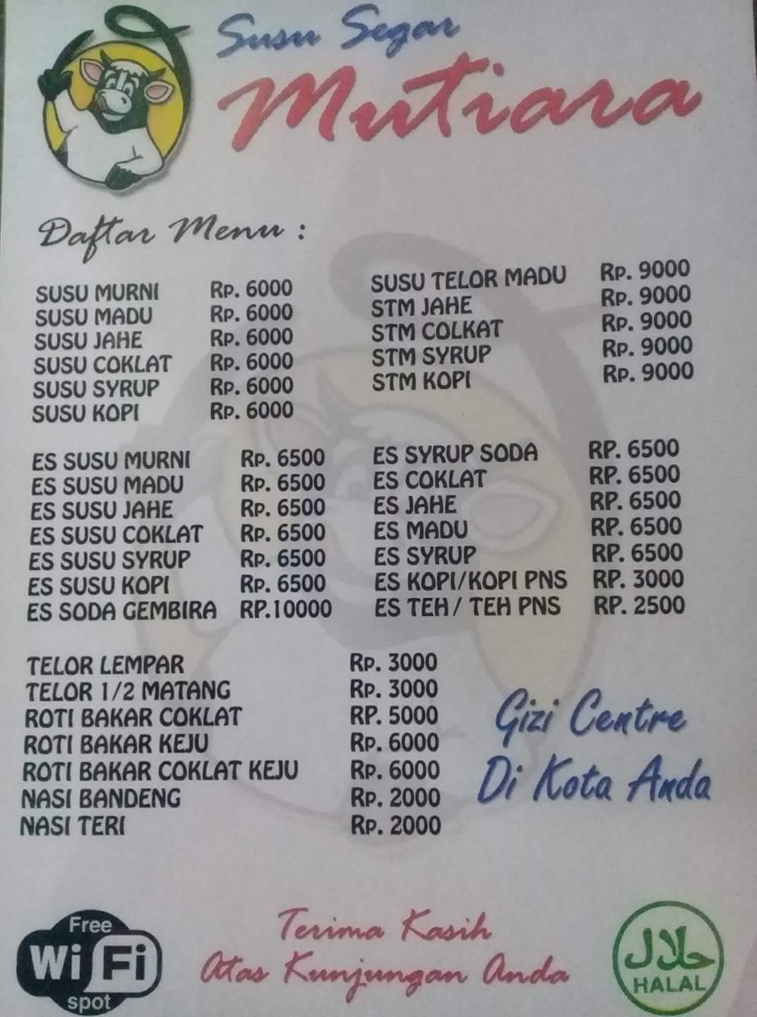 Menu at Susu Segar Mutiara cafe, Karanganyar