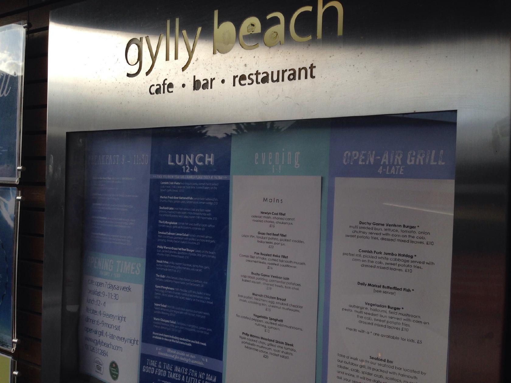 Menu at Gylly Beach Cafe, Falmouth