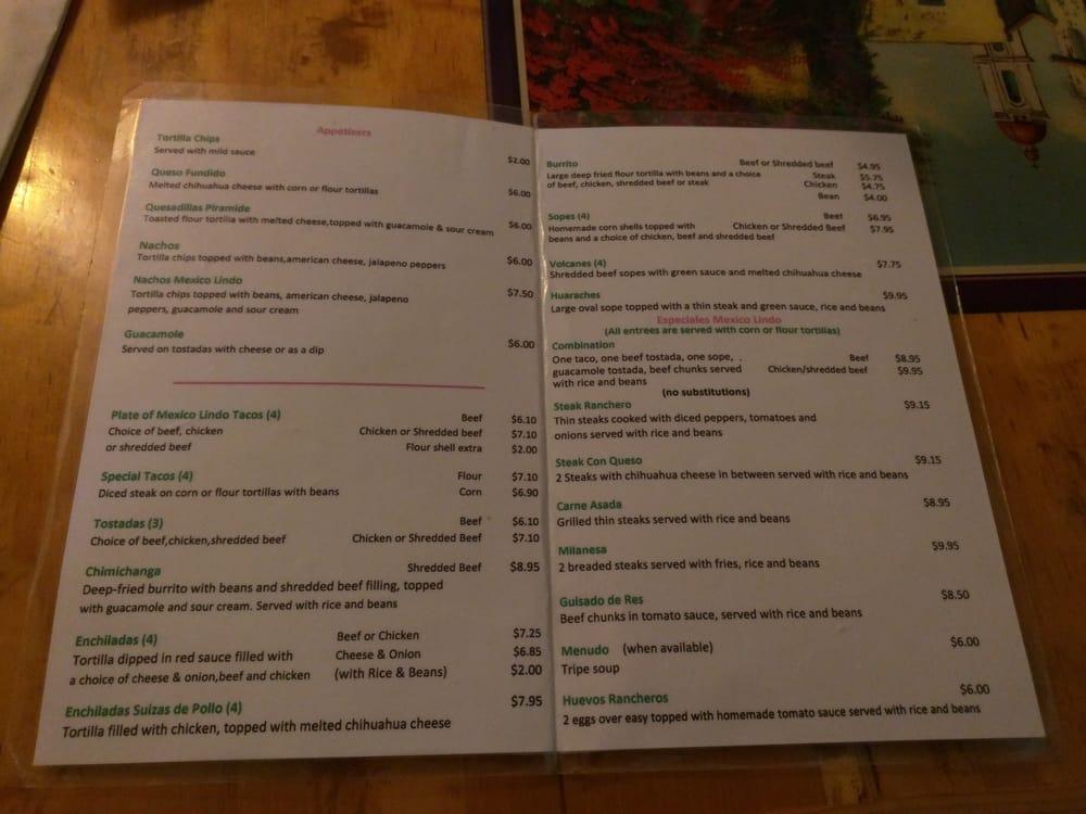 Menu at Mexico Lindo restaurant, Racine, Racine St