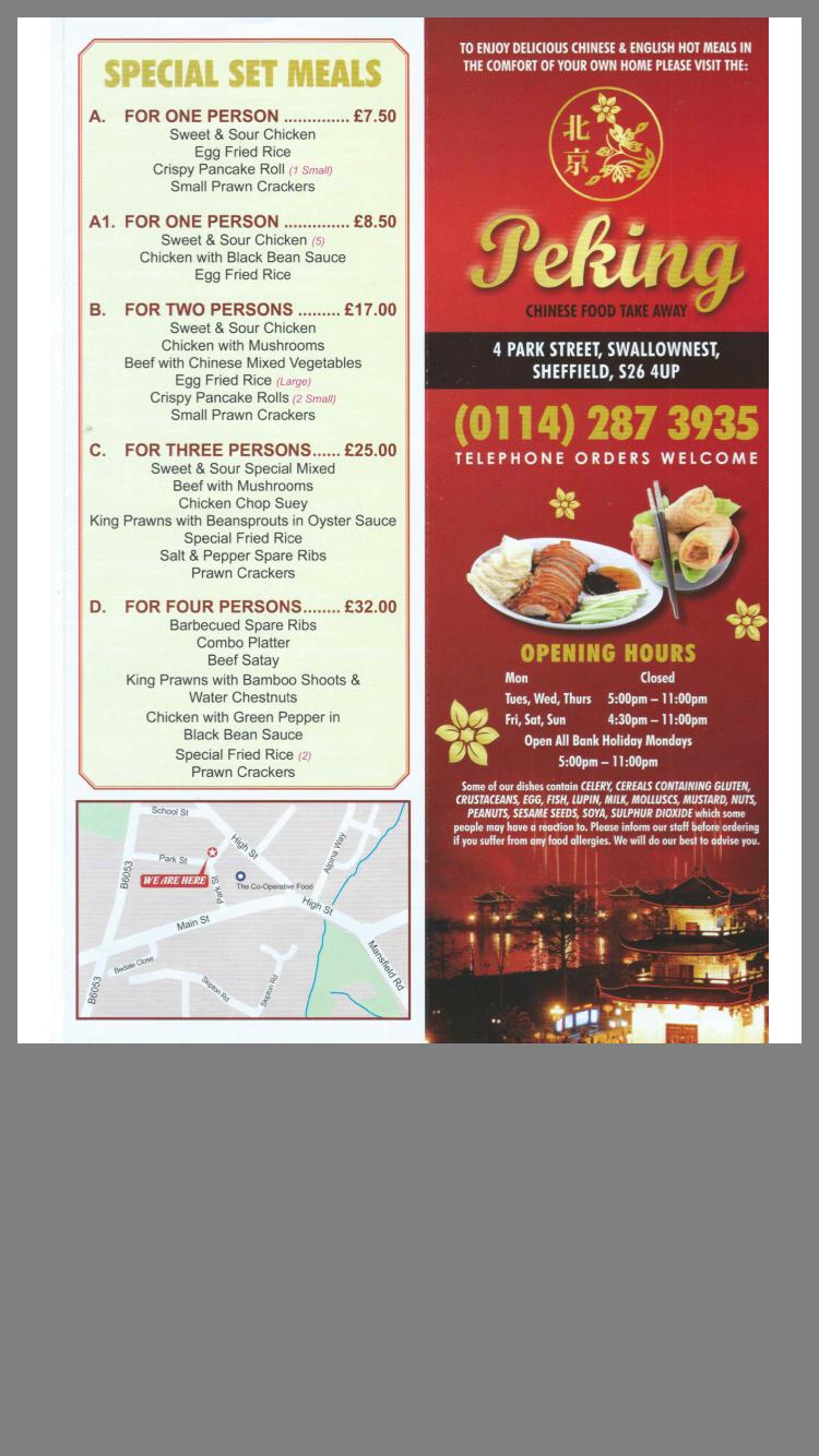 Menu at Peking fast food, Sheffield