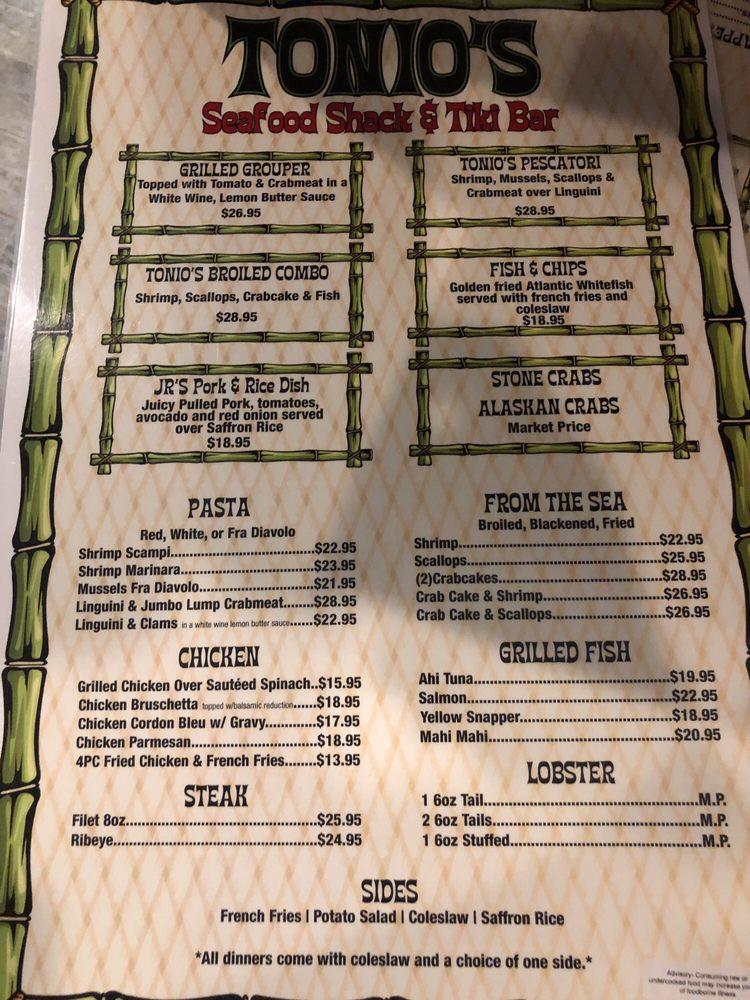 Menu at Tonio's Seafood Shack & Tiki Bar, Summerland Key