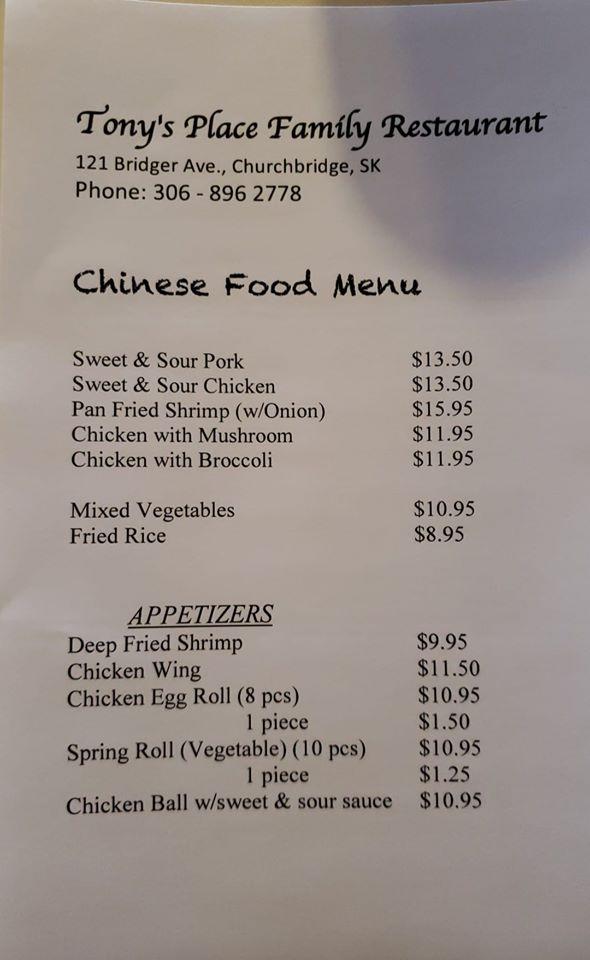 Menu at Tony's Place restaurant, Churchbridge