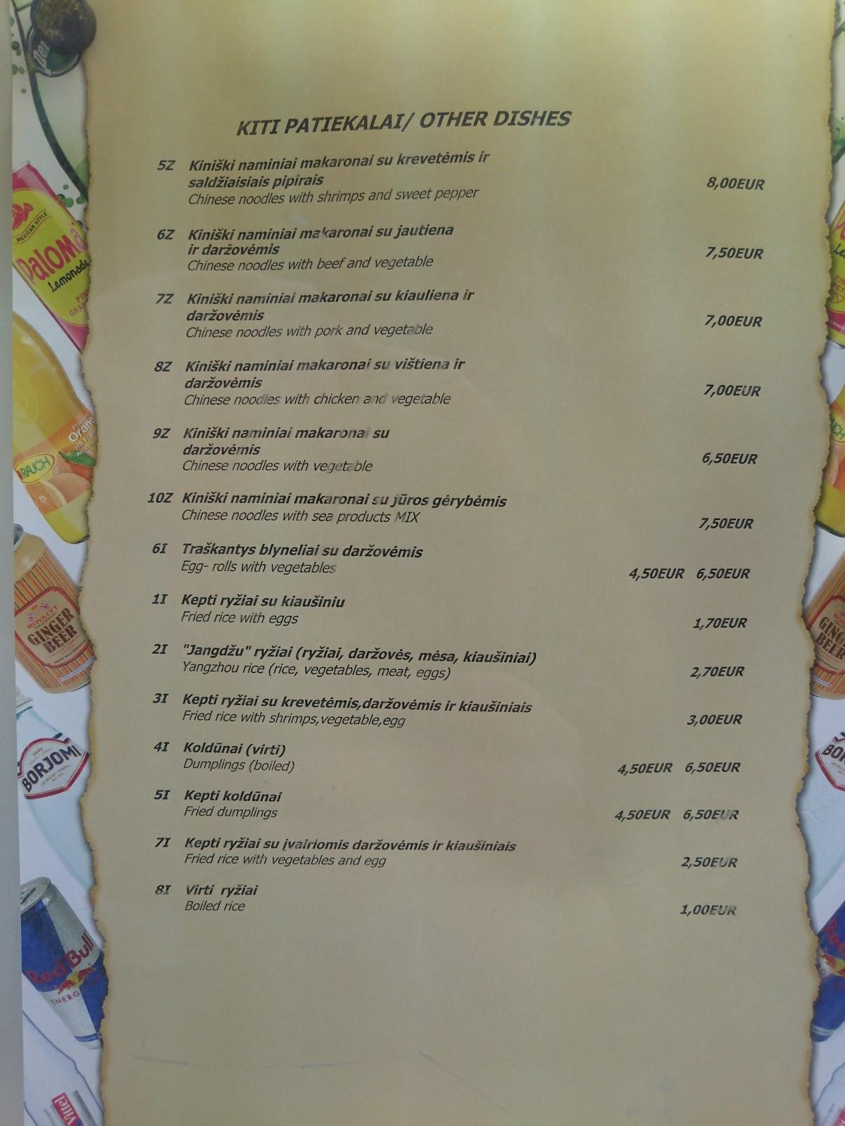 Menu at Trys Klevai restaurant, Vilnius