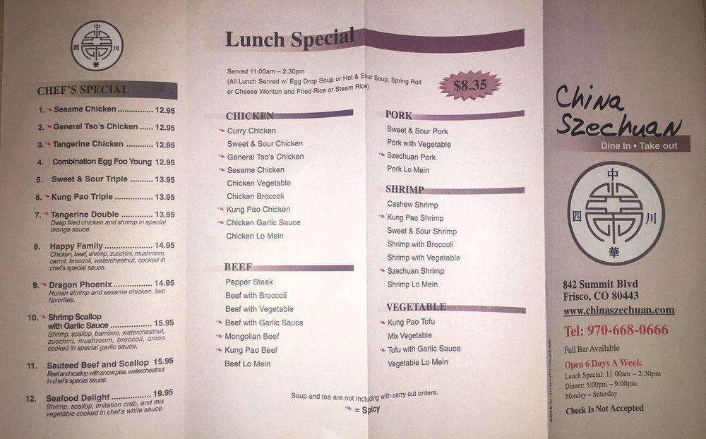 Menu at China Szechuan restaurant, Frisco