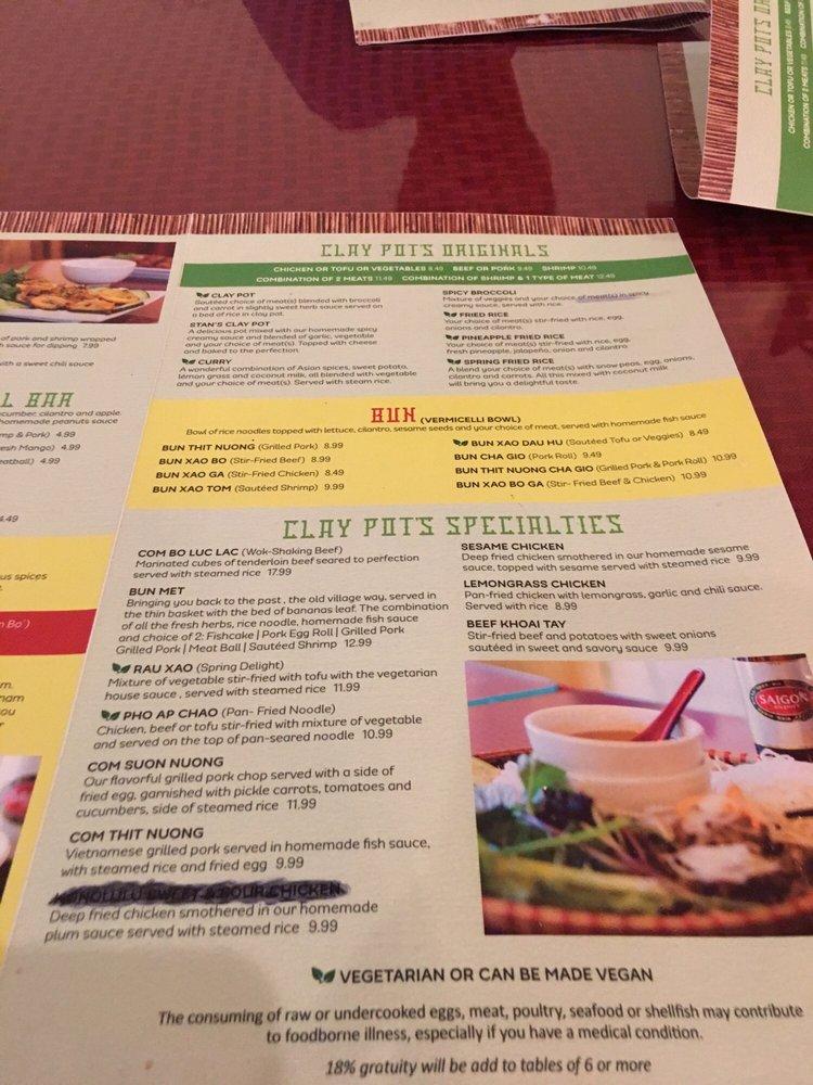 Menu at Clay Pot Restaurant, Waco, 416 Franklin Ave