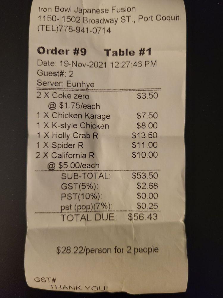 Menu au Iron Bowl restaurant, Port Coquitlam