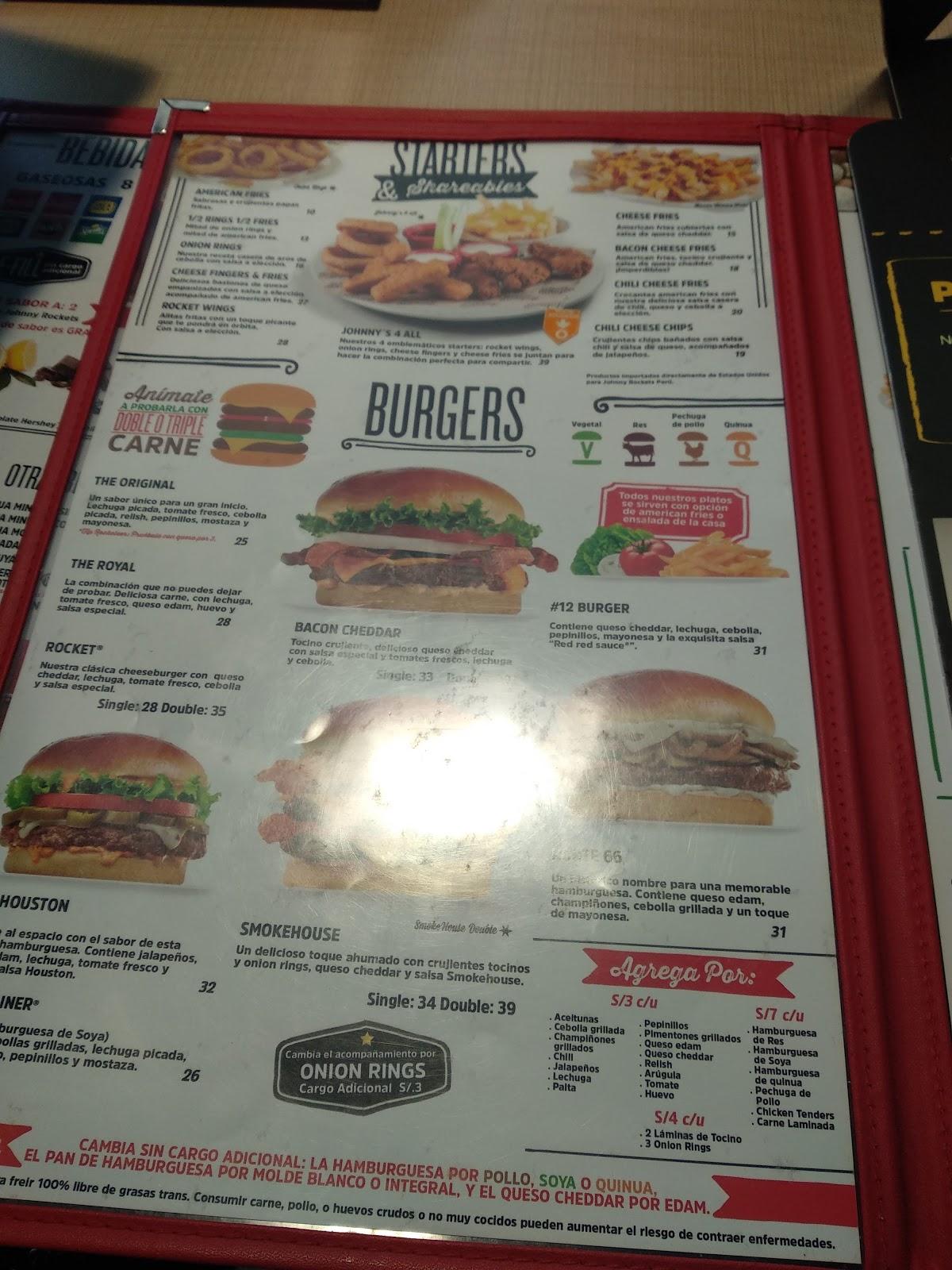 Carta del restaurante Johnny Rockets, Lima, Av. Universitaria 2000