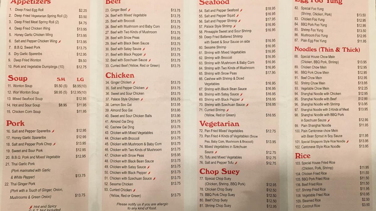 Menu at Ken's Kowloon Kitchen restaurant, Calgary