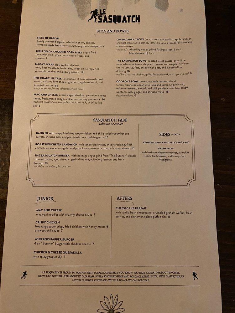 Menu at Le Sasquatch pub & bar, White Rock, Marine Dr