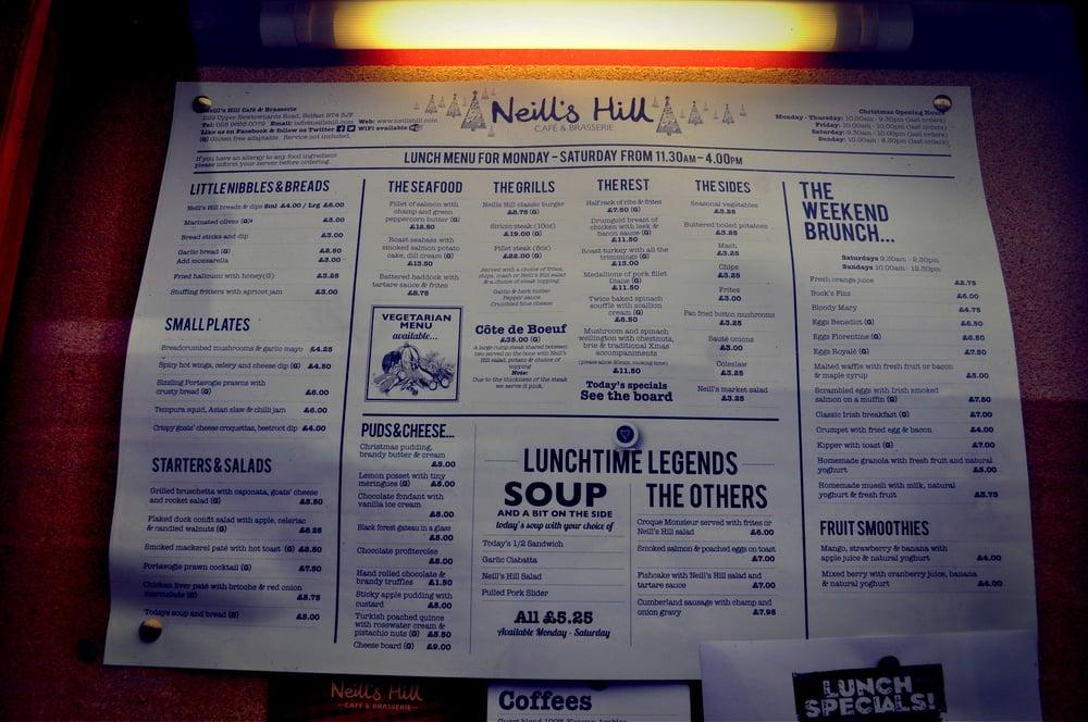 Menu at Neill's Hill Brasserie restaurant, Belfast