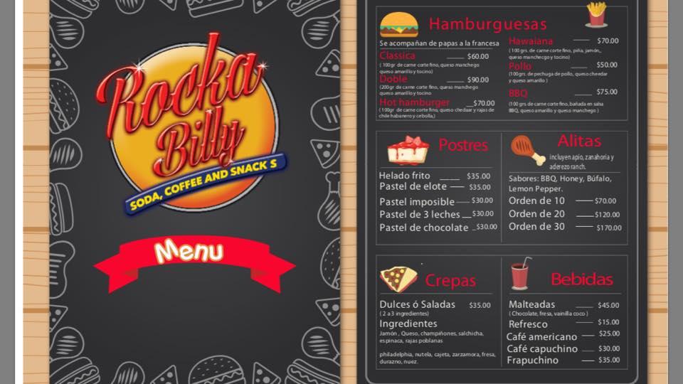 Menu at ROCKA BILLY restaurant, Mexico City