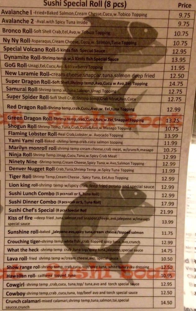 Menu at Sushi Boat restaurant, Laramie