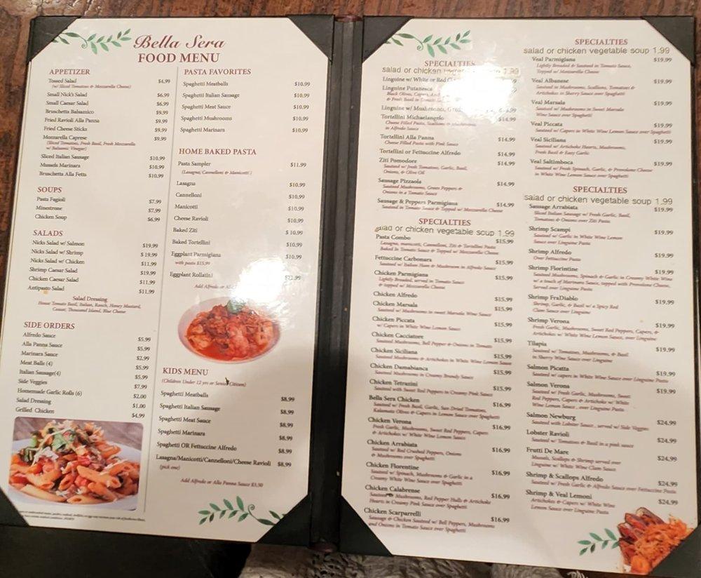 Menu at Bella Sera of Kerrville, Inc. restaurant, Kerrville