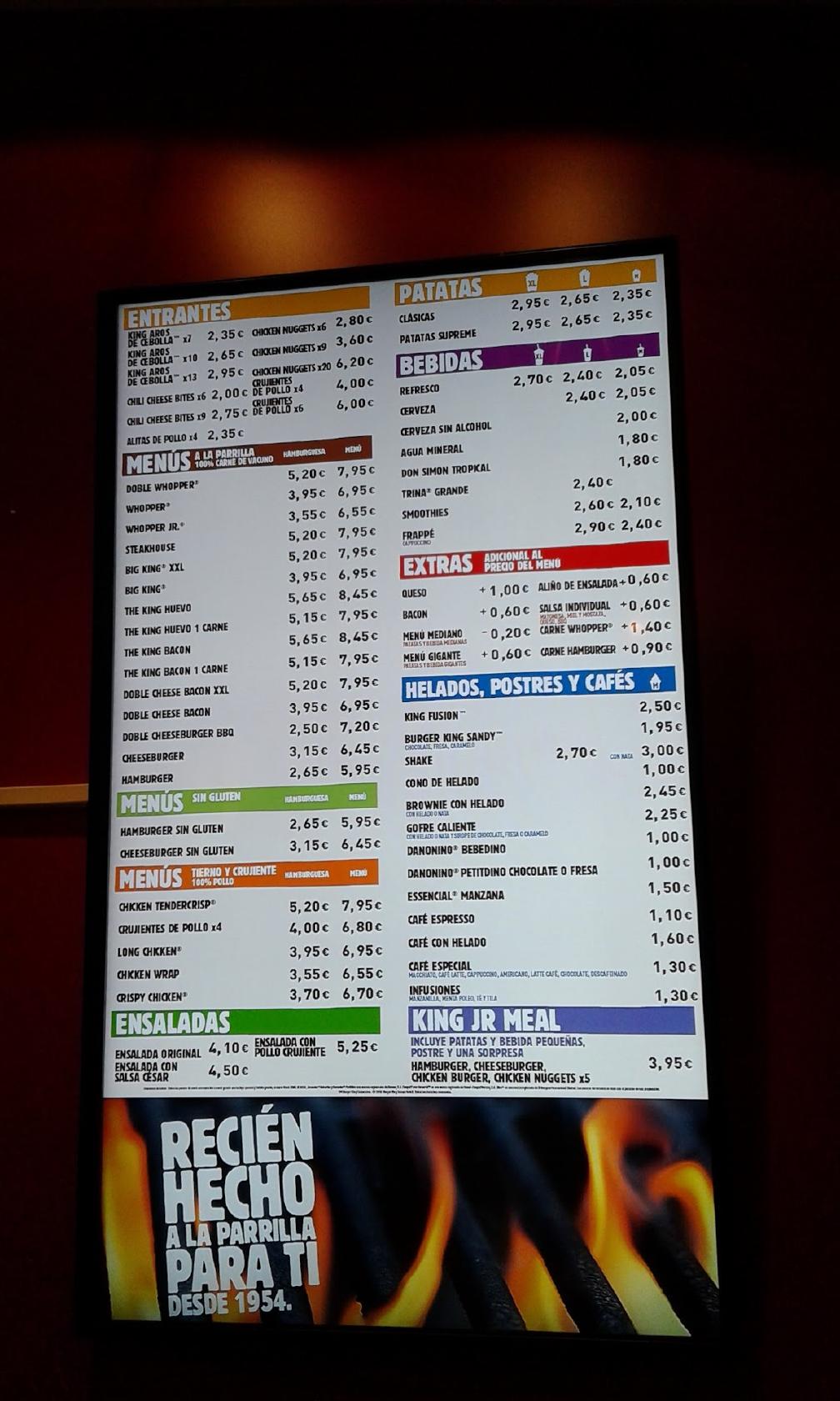 Carta del restaurante Burger King, Villanueva del la Cañada