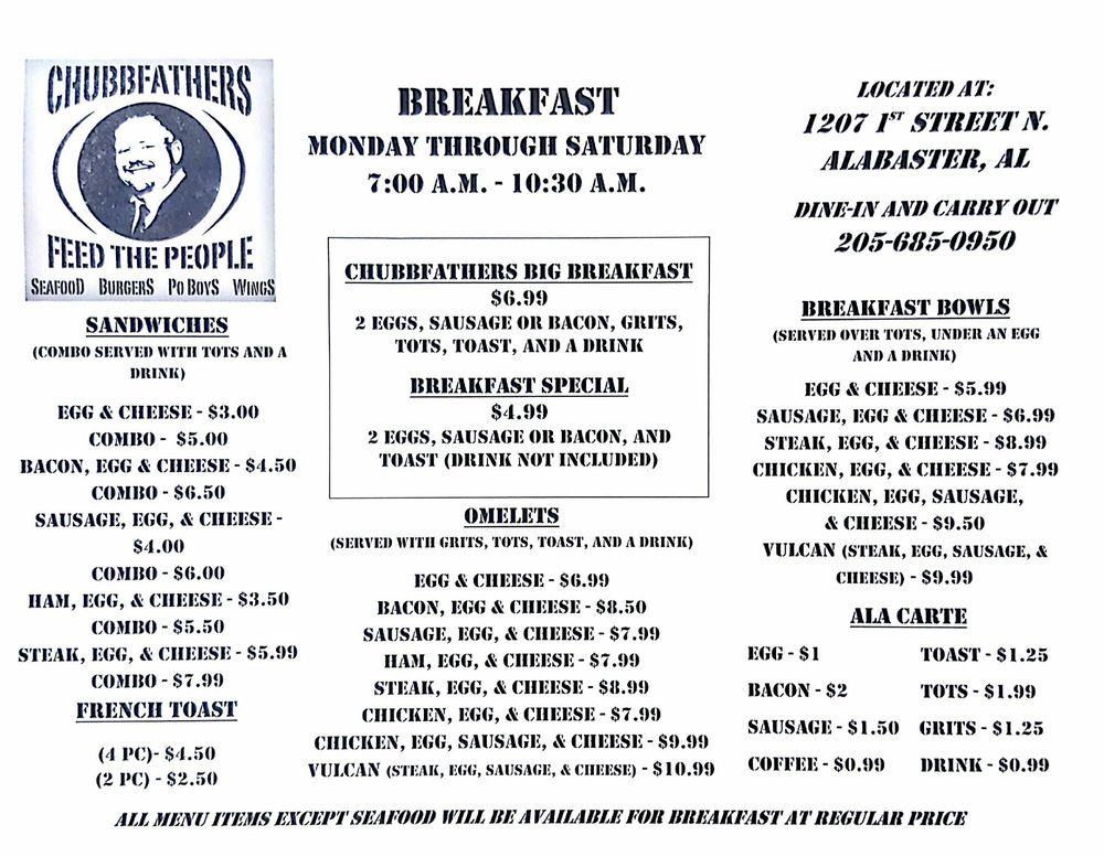 Menu at Chubbfathers restaurant, Alabaster, 229 Kent Stone Blvd