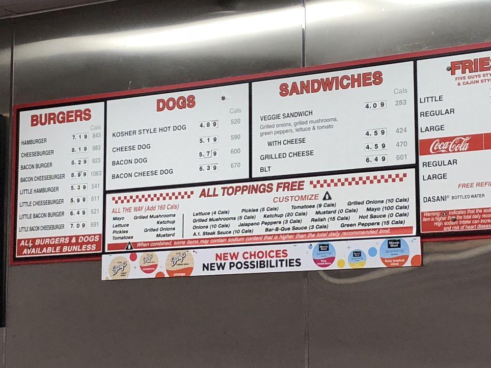 Menu at Five Guys fast food, New York City, 2 MetroTech Center