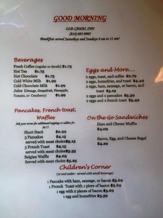 Menu at Old Canal Inn pub & bar, Hollidaysburg