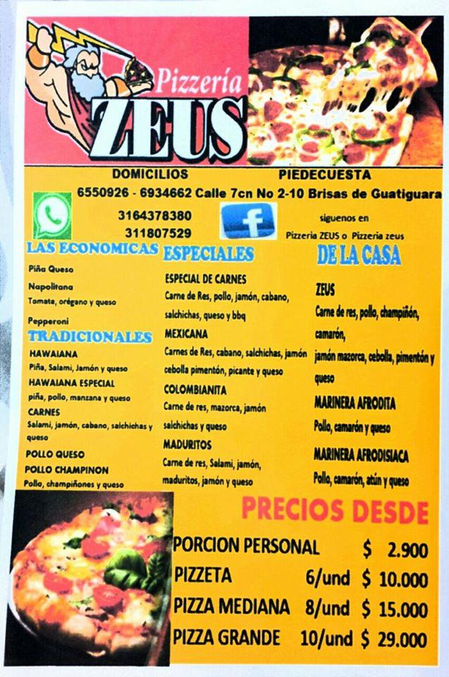 Carta de Pizzeria ZEUS, Piedecuesta