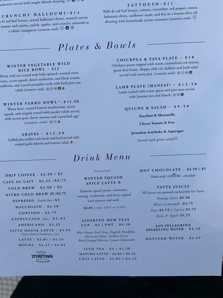 Menu at Tatte Bakery & Cafe, Bethesda
