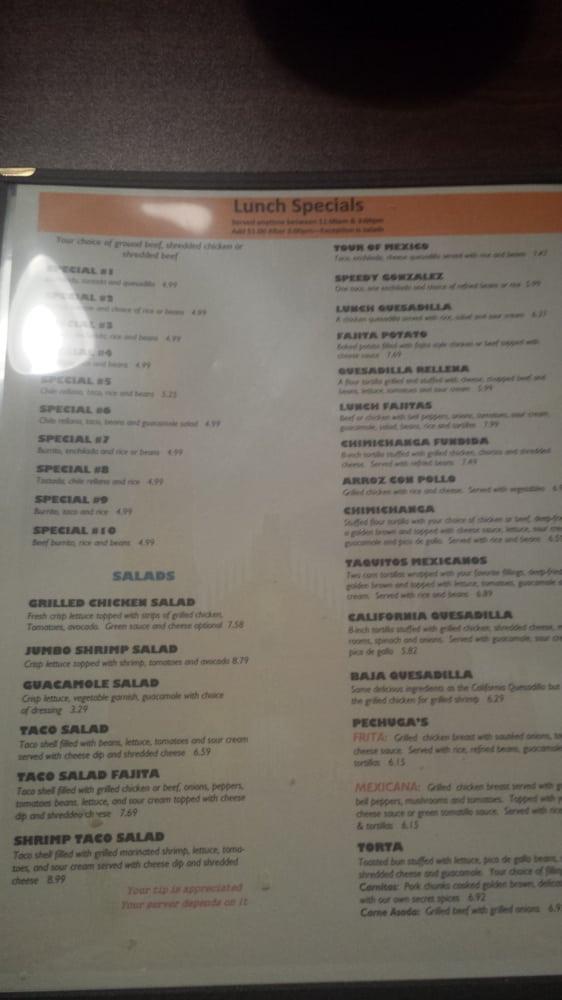 Menu at Torero's Fine Mexican Food restaurant, Enterprise