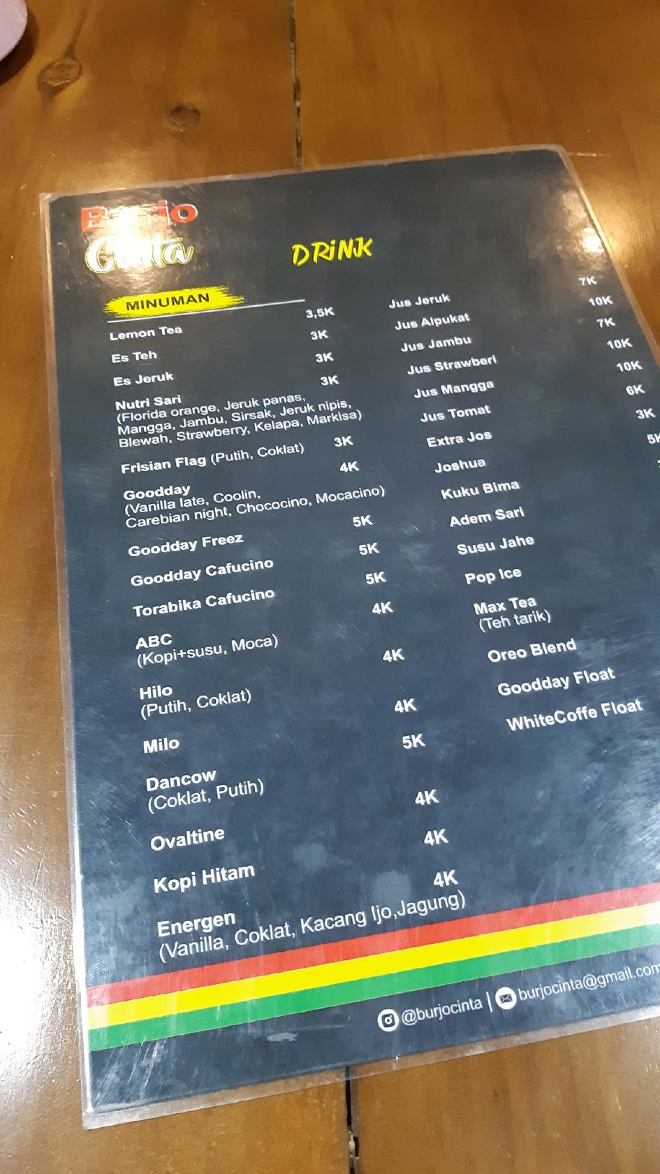 Menu at Burjo Cinta restaurant, Yogyakarta