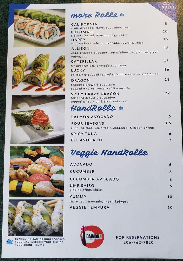 Menu at Daimonji Sushi & Grill restaurant, Seattle