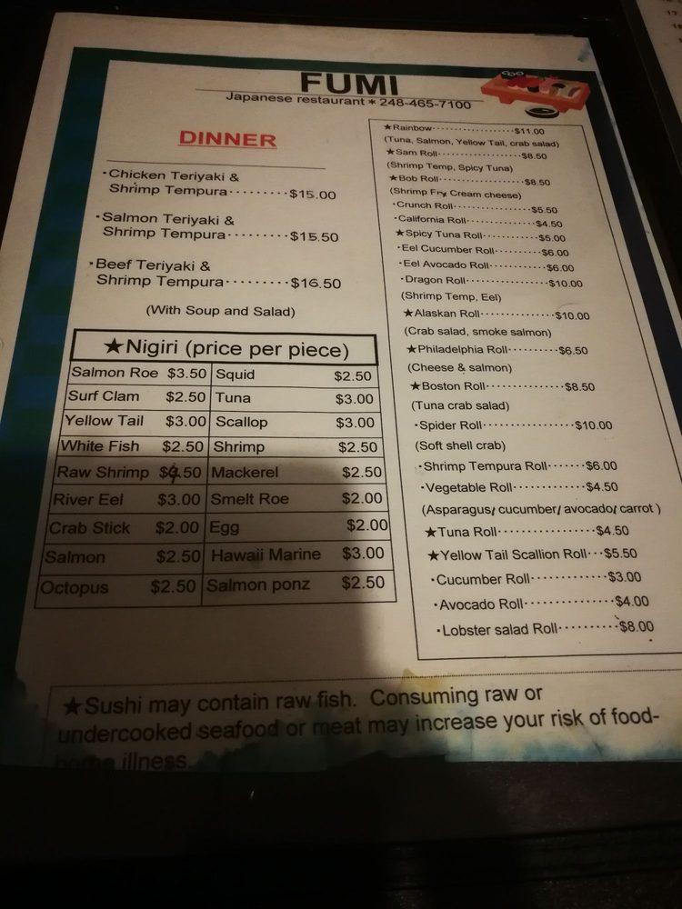 Menu at Fumi Japanese Restaurant, Novi