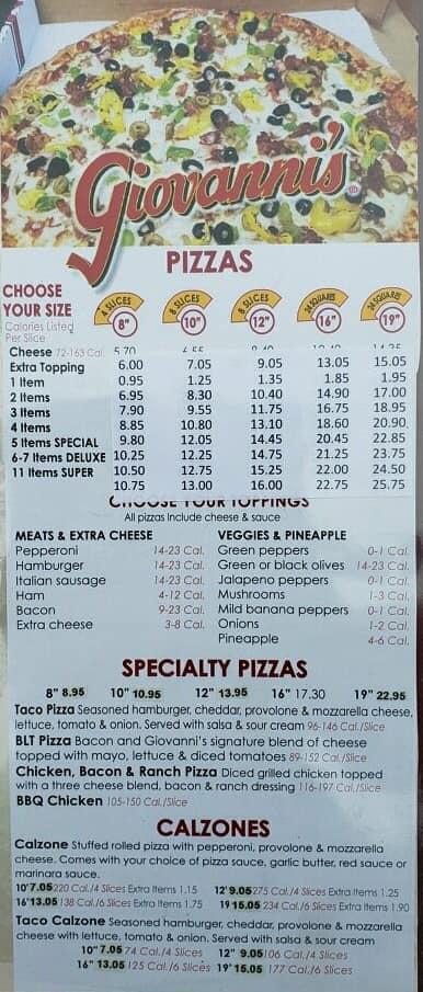Menu at Giovanni's Pizza pizzeria, Jackson
