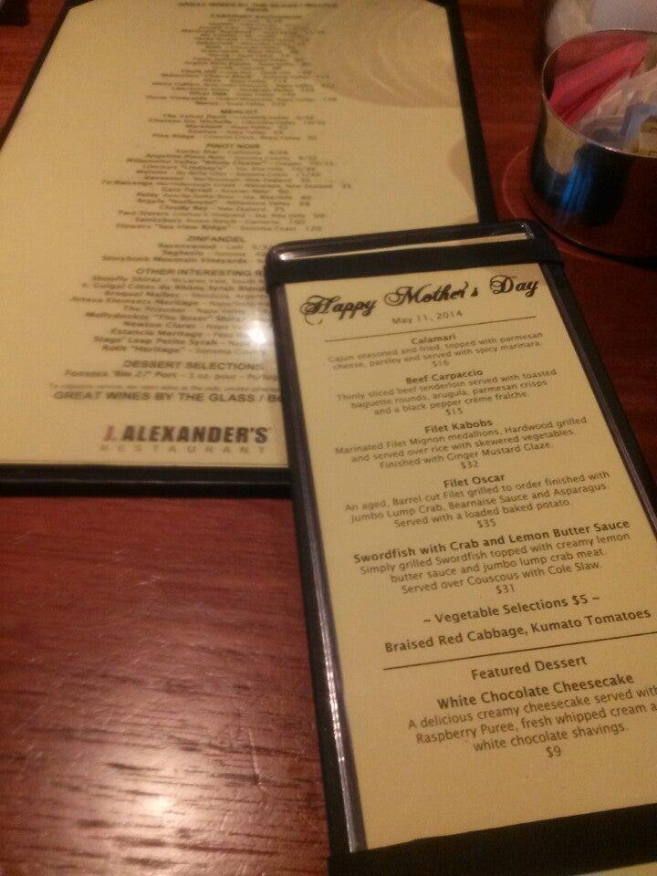 Menu at J. Alexander's Restaurant, Boca Raton