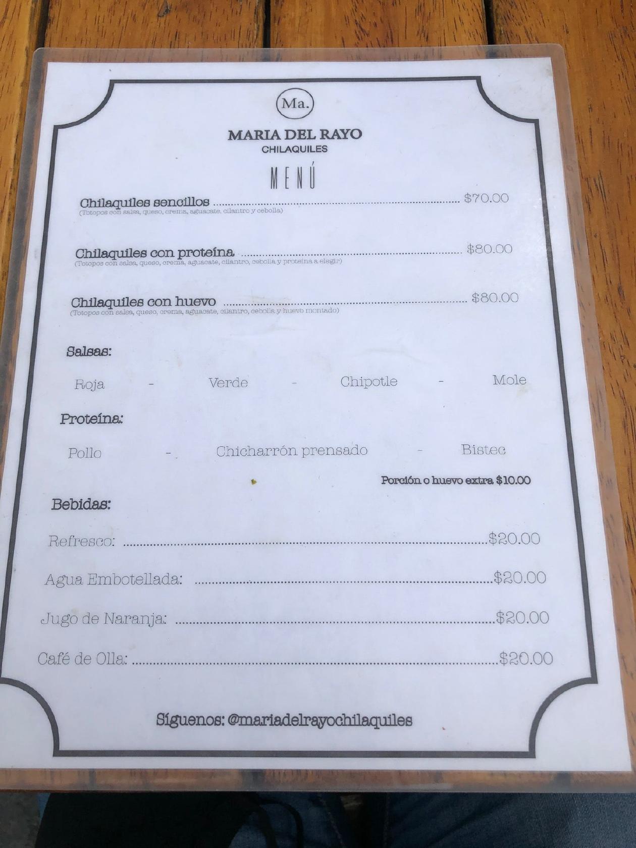 Menu at María del Rayo Chilaquiles restaurant, Juriquilla