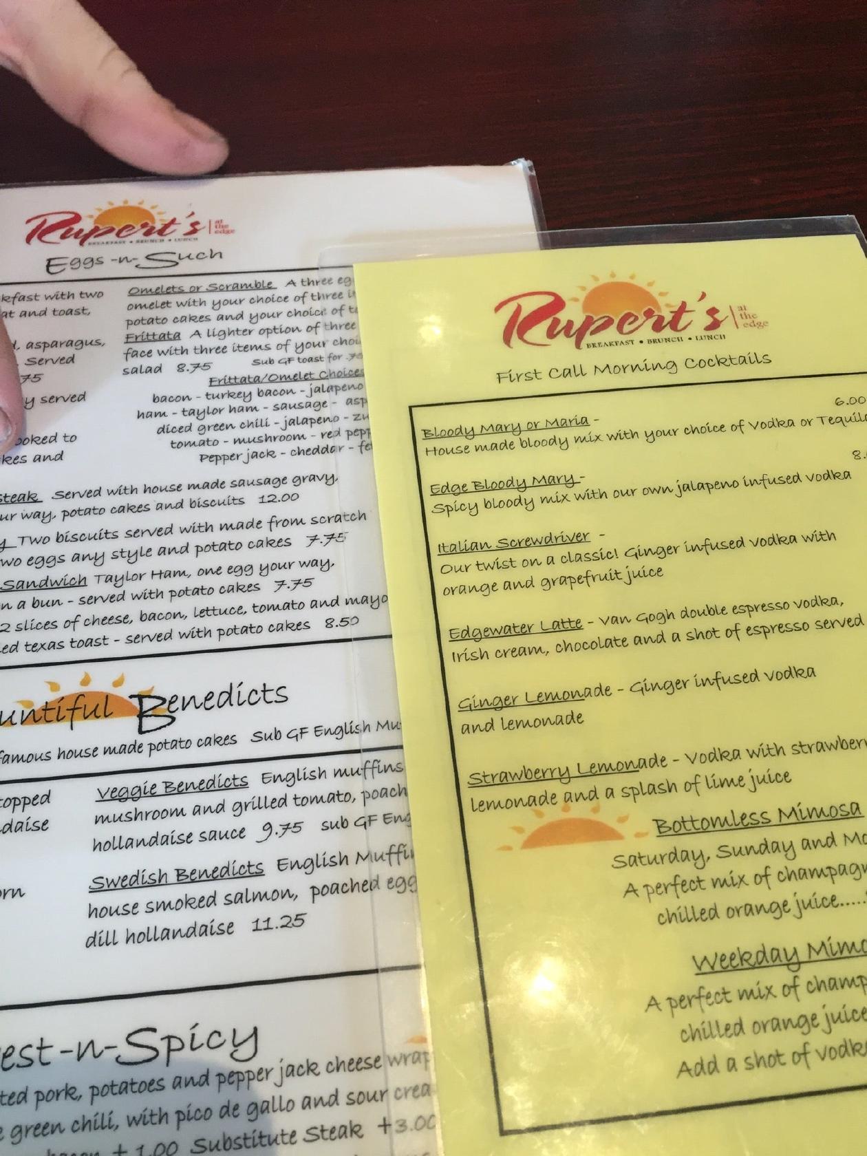 Menu at Rupert's at the Edge restaurant, Edgewater