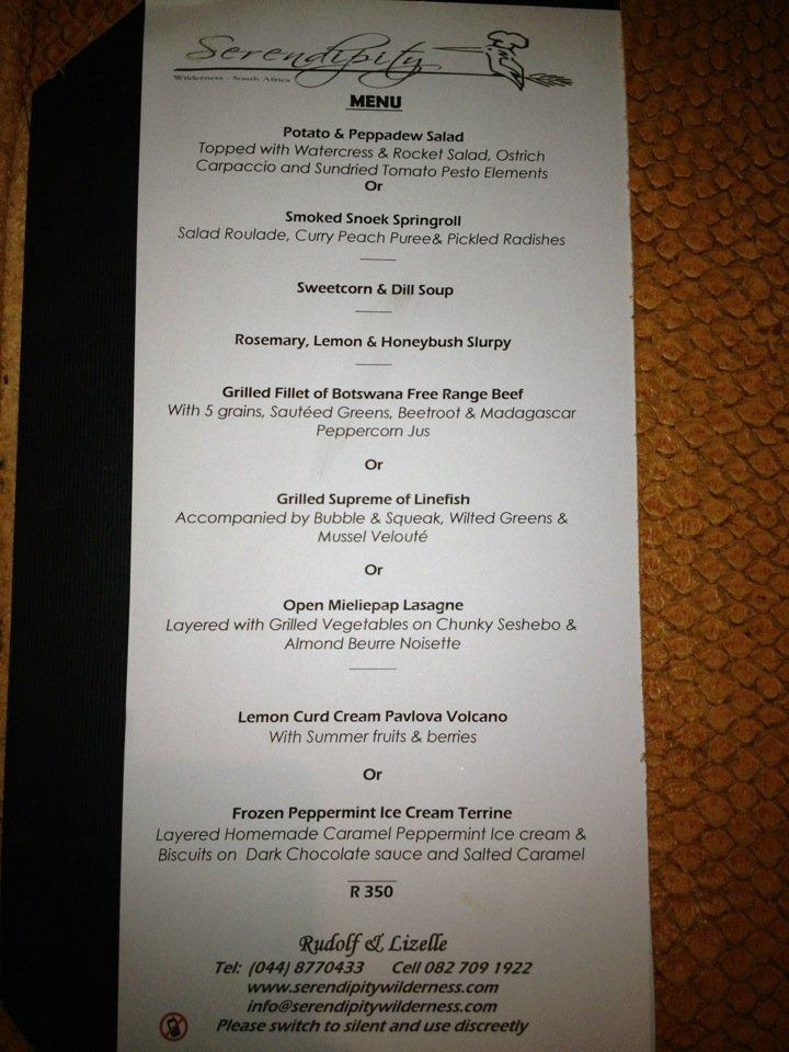 Menu at Serendipity restaurant, Wilderness