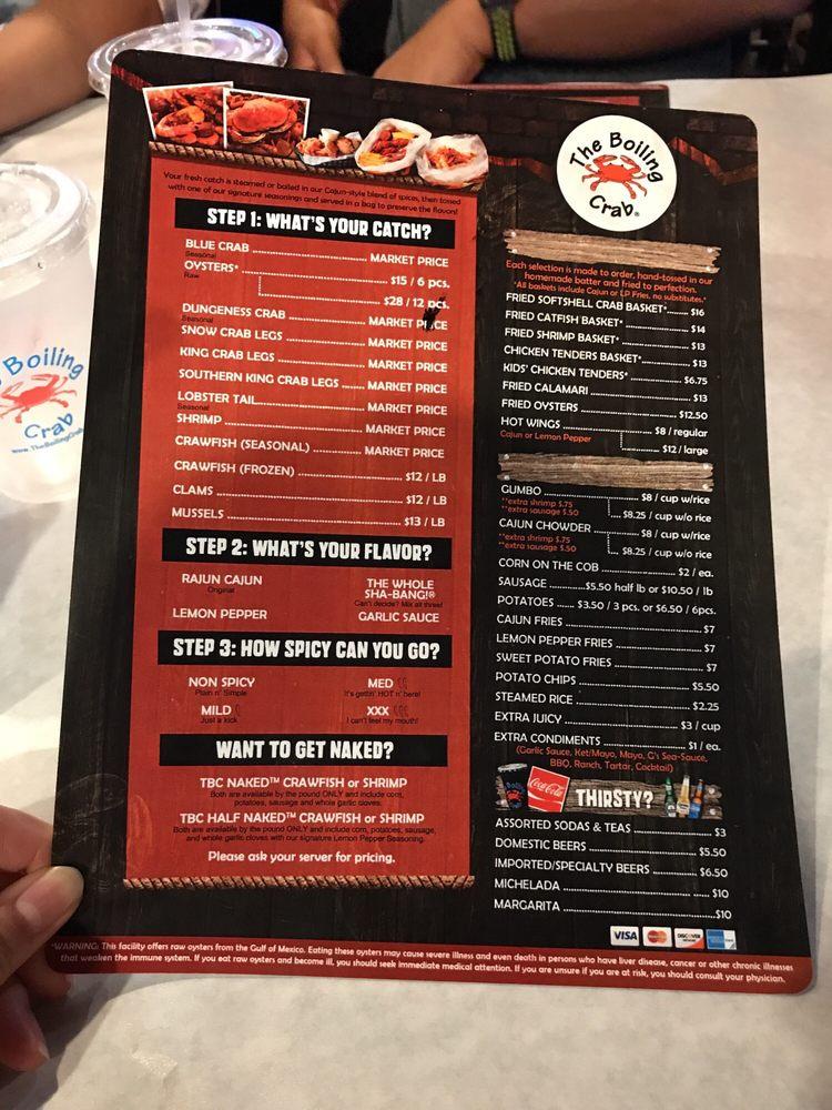 Menu at The Boiling Crab restaurant, Honolulu