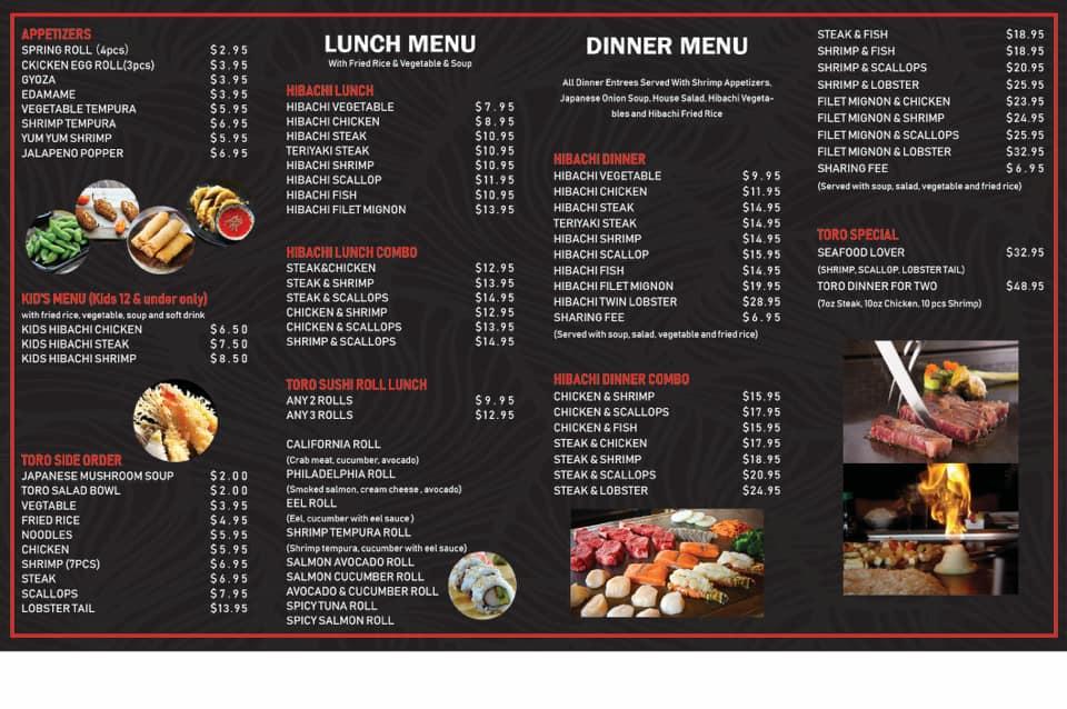 Menu at Toro Japanese Restaurant, Vernon