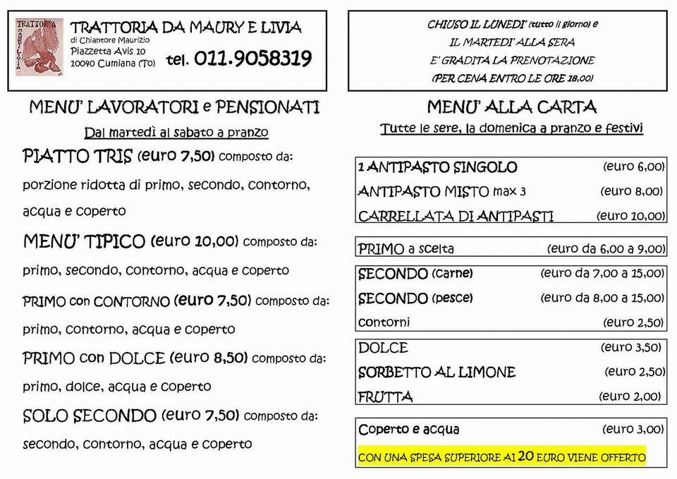 Menu at Trattoria Da Mauri E Livia restaurant, Cumiana
