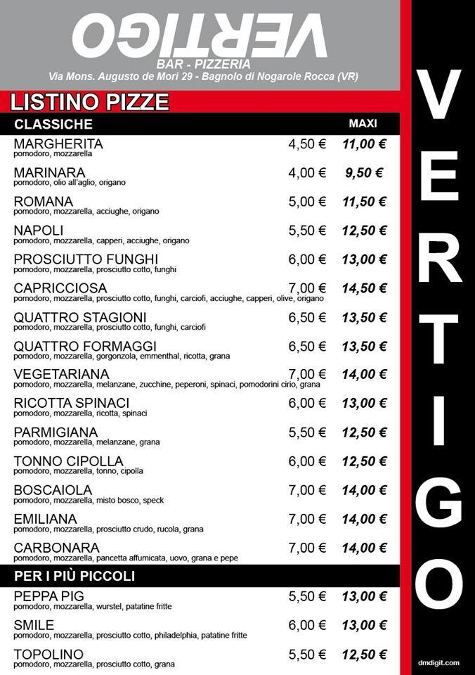 Menu at Vertigo Bar Pizzeria, Nogarole Rocca, Via Monsignor Augusto De Mori
