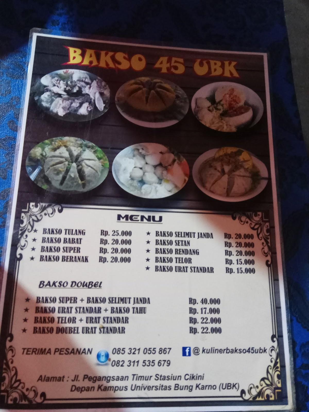 Menu at Bakso Universitas 45 UBK restaurant, Central Jakarta, RR2R+9Q7