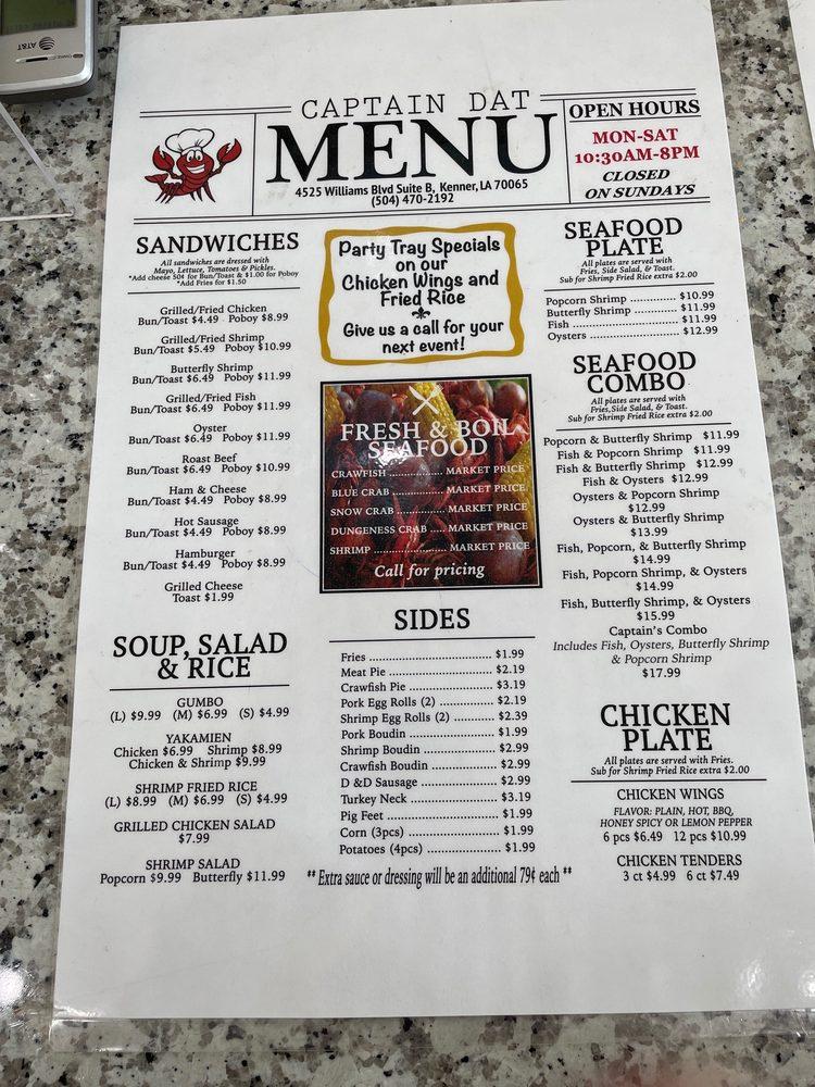 Menu at Captain Dat restaurant, Kenner
